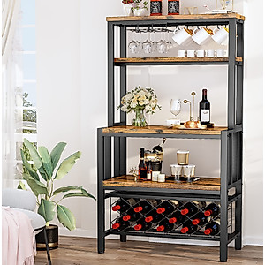 AWQM 5-Tier Kitchen Bakers Rack ,Industrial Wine Rack Table Microwave Stand, FreeStanding Wine Bar Rack,Coffee Bar Kitchen Storage Rack,Wine Cabinet Kitchen Hutch for Dining Room Living Room,Walnut