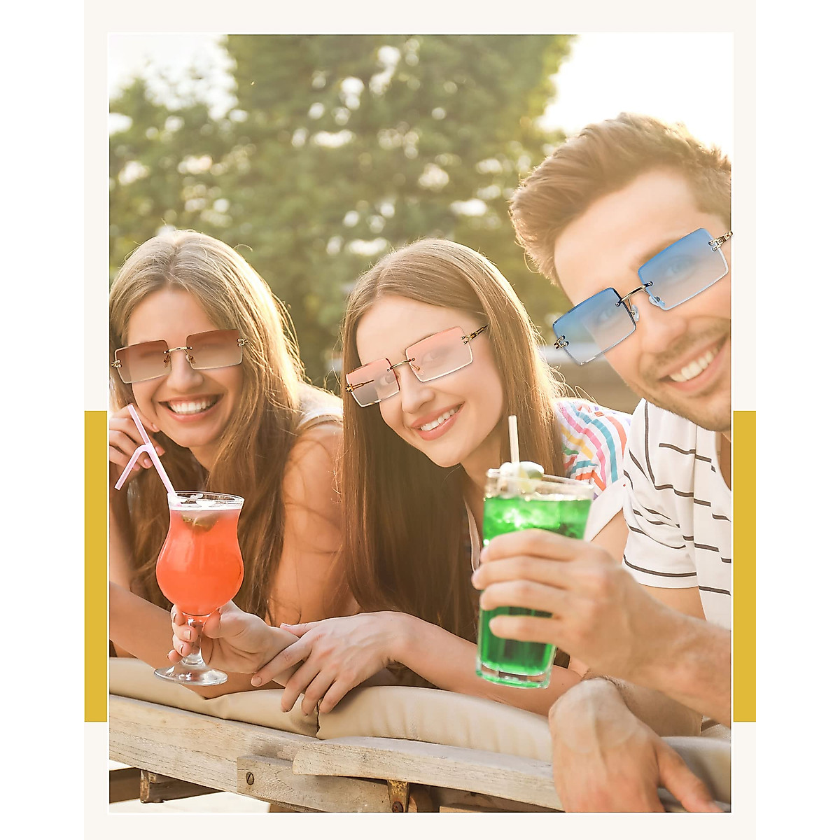 16 Pairs Rimless Rectangle Sunglasses Tinted Frameless Square Glasses Vintage Rimless Eyewear Transparent Candy Color Unisex Glasses for Men Women