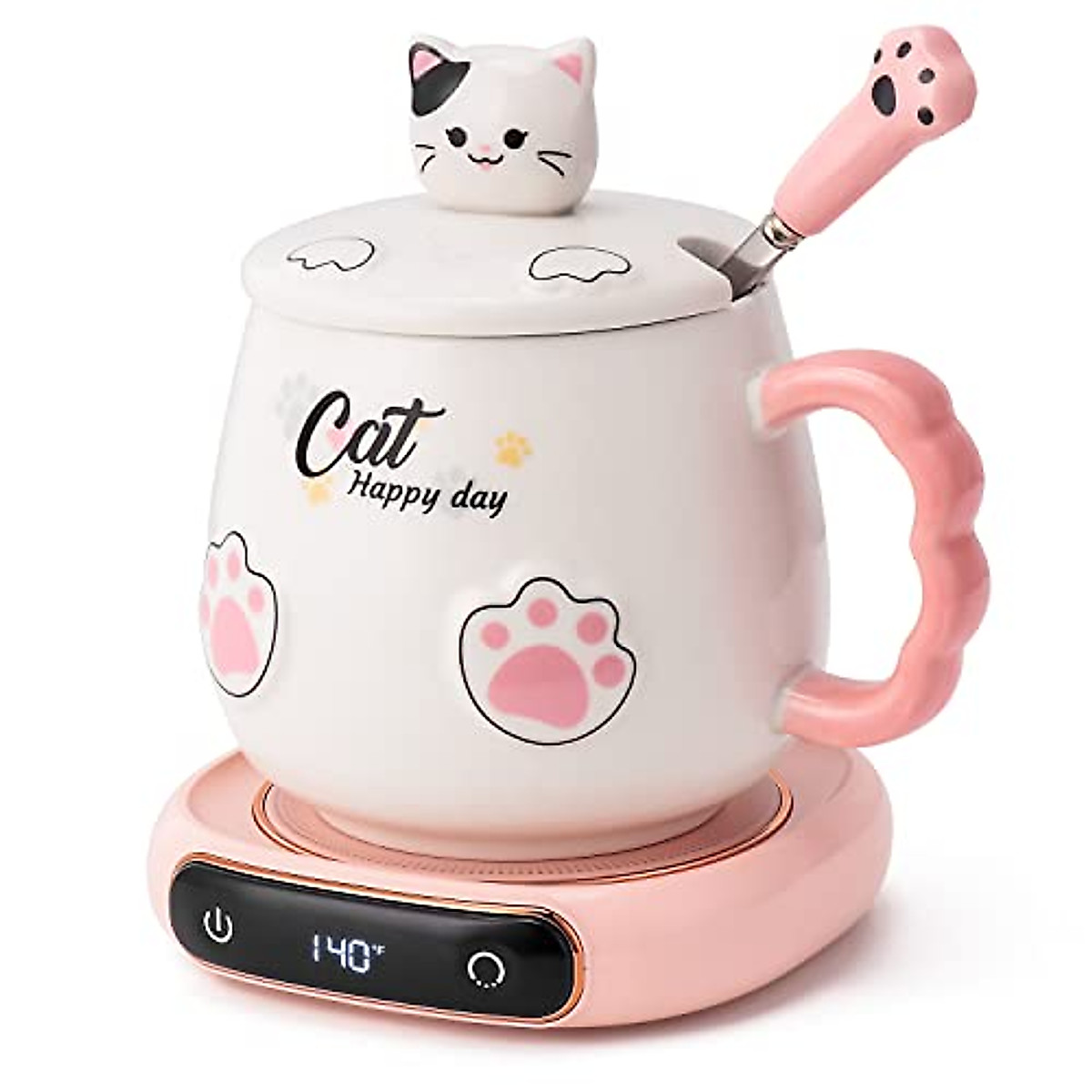 Bgbg Coffee Mug Warmer & Cute Cat Mug Set, Beverage Cup Warmer for Desk Home Office with Three Temperature Up to 140℉/ 60℃, Coffee Warmer for Cocoa Milk Tea Water Candle, 8 Hours Auto Shut Off