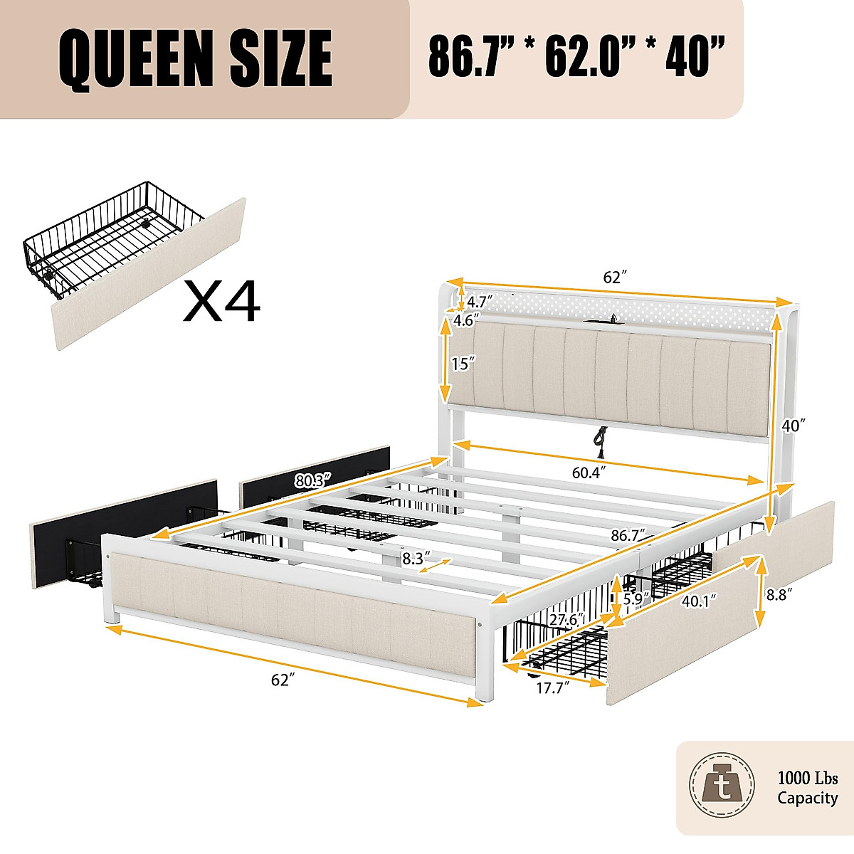 SAMTRA Queen Size Bed Frame with Storage Headboard & 4 Drawers, Upholstered Boho Metal Platform Bedframe with LED Lights & Charging Station, Easy Assembly, Beige White