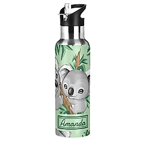 Koala Cute On Green Sport Water Bottle with Straw Lid Leakproof Kids Insulated Stainless Steel Water Flask Thermos Bottle for Gym Outdoor 20 oz