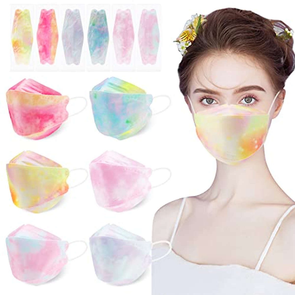 KF94 Mask 60 PCS Individually Wrapped Face Mask 4 Ply Protection 3D Fish Type KF94 Masks for Adults (Tie dye)
