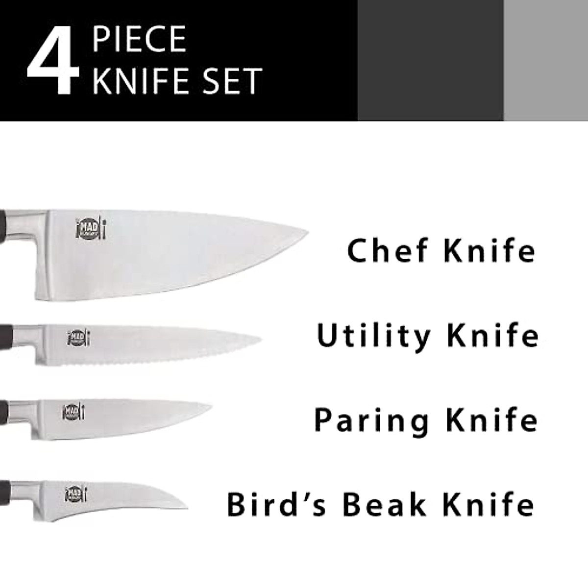 Mad Hungry 4-Piece Forged Specialty Knife Set - 6" Chef, 4.5" Serrated Utility, 3.5" Paring, & 3" Birds Beak Knives Kitchen (Black)