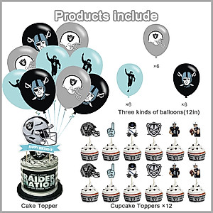 KOOMEE 32 Pcs Raiders Party Supplies, Rugby Theme Party Supply Set for Kids with 1 Happy Birthday Banner Garland, Cake Topper,12 Cupcake Toppers, 18 Balloons for Football Rugby Fans Party Decorations
