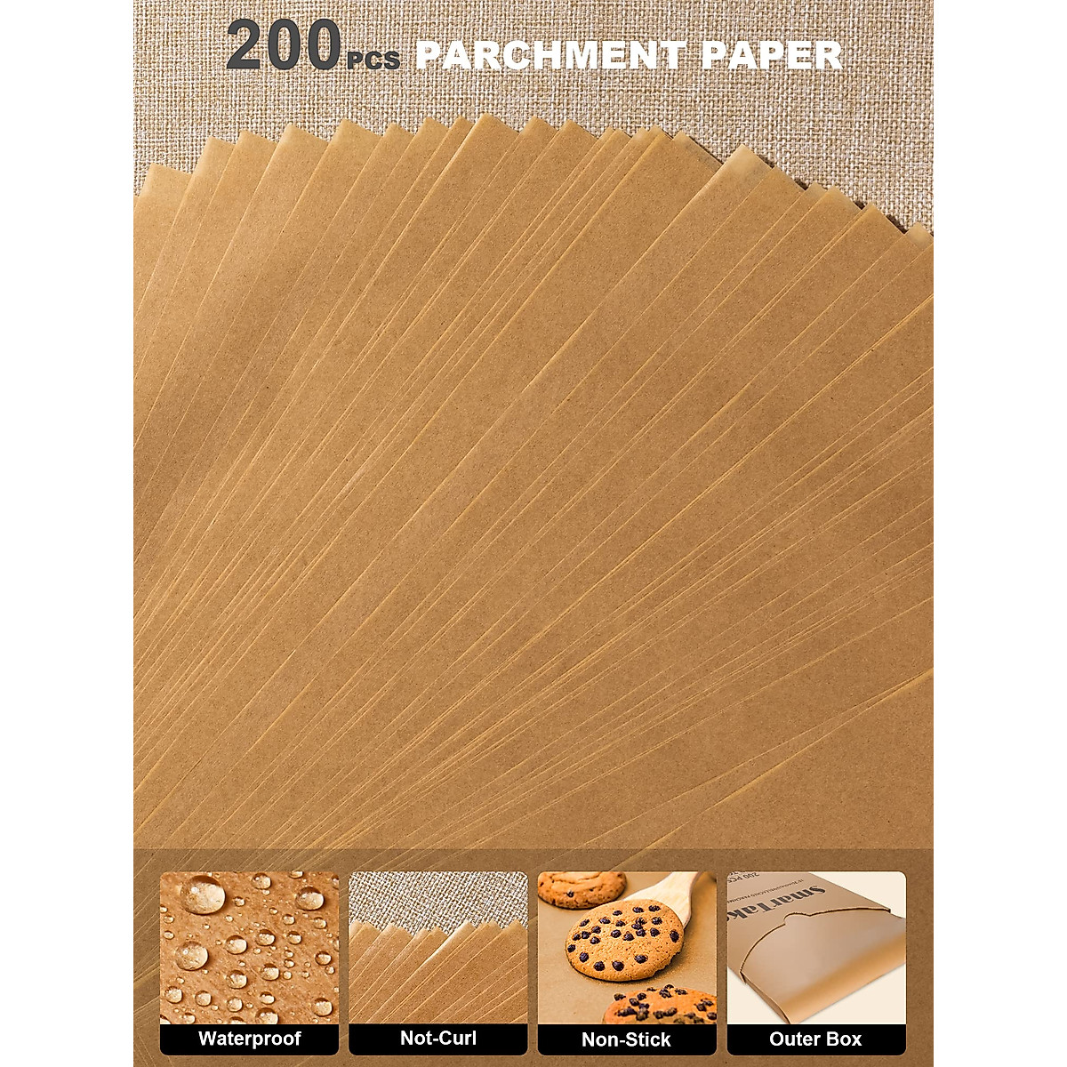 SMARTAKE 200 Pcs Parchment Paper Baking Sheets, 12x16 Inches Non-Stick Precut Baking Parchment, Perfect for Baking Grilling Air Fryer Steaming Bread Cup Cake Cookie and More (Unbleached)