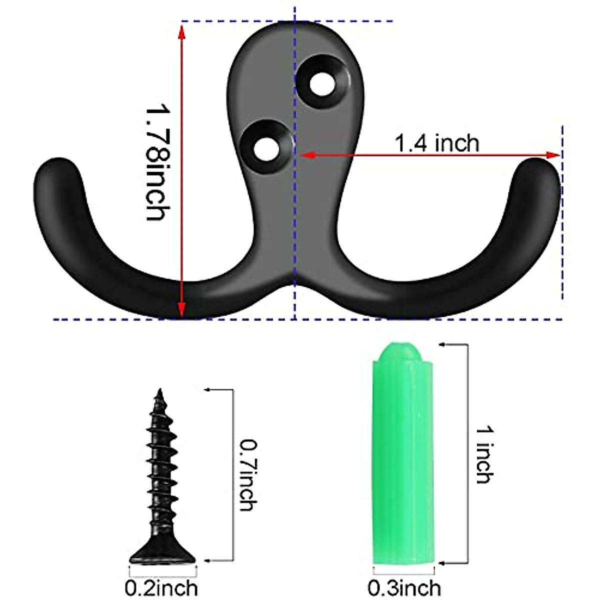 Suprwolf 8 Pack Heavy Duty Double Prong Coat Hooks Wall Mounted with 16 Screws Retro Double Robe Hooks Utility Hooks for Coat, Scarf, Bag, Towel, Key, Cap, Cup, Hat (Black)