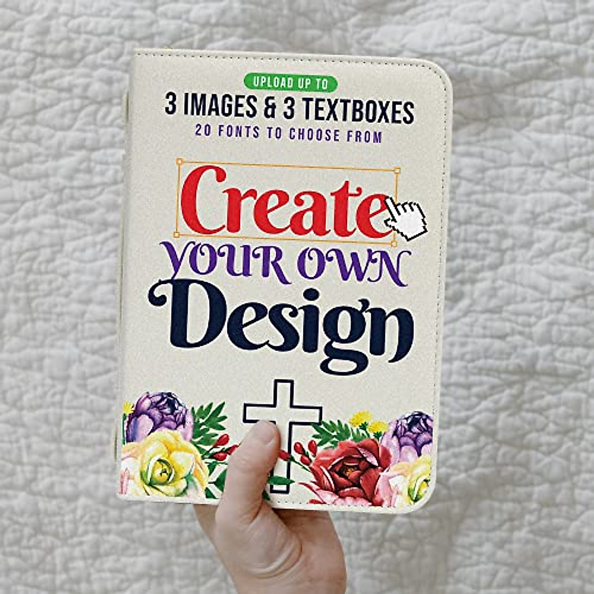 10x7 Inch Personalized Bible Cover – Create Your Own Design, Custom Bible Cover and Carrying Case with Handle – Leatherette Book Covers and Bible Case for Women - White (Freeform)