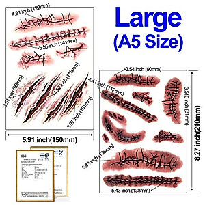 Large Size Halloween Temporary Tattoos Fake Wound Bloody Stitch Scars Scab Waterproof Temp Tattoo Stickers Body Art Decoration for Adults Kids Makeup Cosplay Costume Party(6 Sheets)