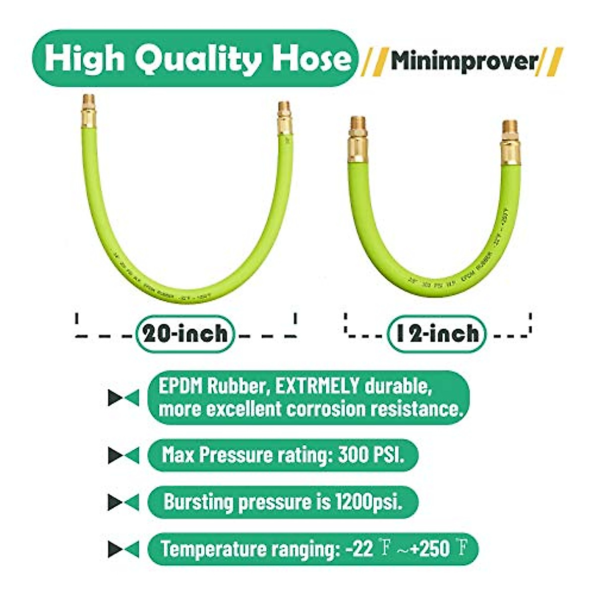 Minimprover 3/8" x 12 Inch Heavy Duty Short Air Compressor EPDM Rubber Hose 300 PSI: 1/4" Male NPT to 1/4" Male NPT Connections With Quick Coupler Brass Fitting