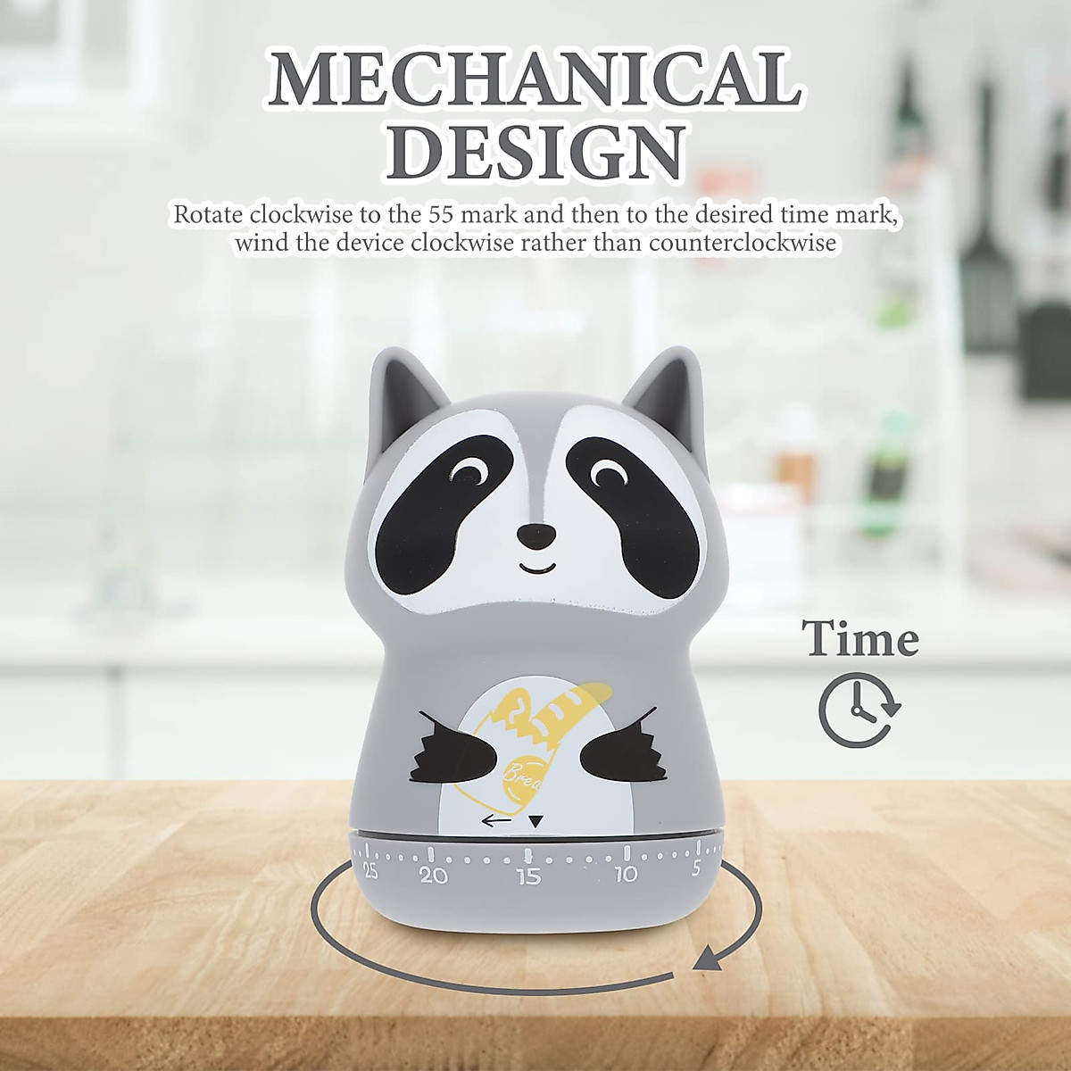 Raccoon Kitchen Timer Cooking Timepiece: Manual Mechanical Timer 60 Minutes Cute Cartoon Animal Shape Countdown Clock Portable Alarm Clock Kitchen Cooking Tool