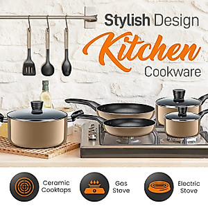 SereneLife Kitchenware Pots & Pans Basic Kitchen Cookware, Black Non-Stick Coating Inside, Heat Resistant Lacquer (11-Piece Set), One Size, Gold