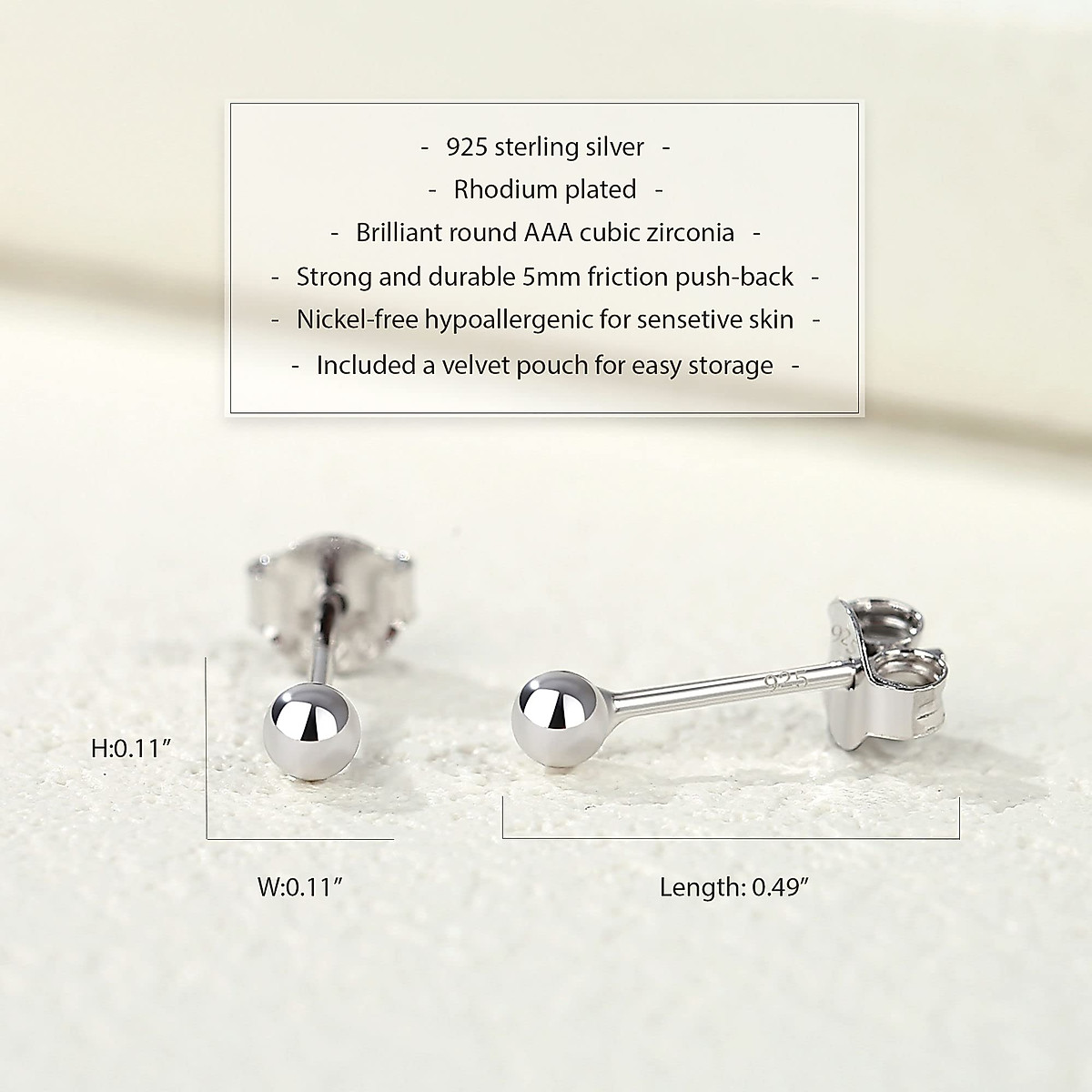 Lavishe Rhodium Plated 925 Sterling Silver Bead Round Ball Earrings Studs 3mm