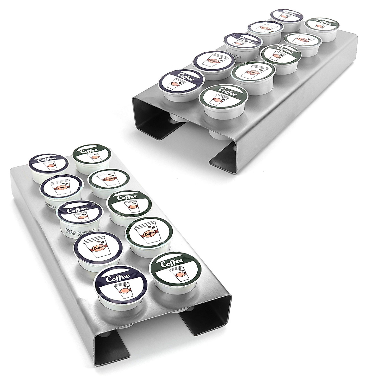 Polar Whale 2 Brushed Stainless Steel Coffee Pod Organizer Storage Tray Counter Stand or Wall Mount Compatible with Keurig K-Cup KCup for Kitchen Home Office Waterproof 12 x 5.25 Inches Each Holds 10