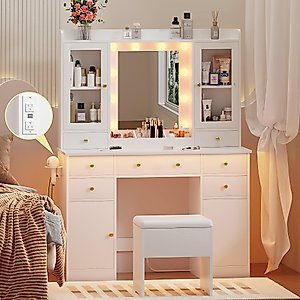HUANLEGO Vanity Desk with Mirror and Lights, White Vanity Mirror with Lights Desk and Chair &7 Drawers, Cabinets Makeup Vanity Table with with Stool for Bedroom 3 Lights Mode and Brightness Adjusted