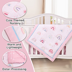 Honkaii Boho Rainbow 3-Piece Crib Bedding Set, Baby Nursery Bedding Sets Including Crib Quilt, Crib Skirt, Crib Sheet, Pink Crib Sets for Girls