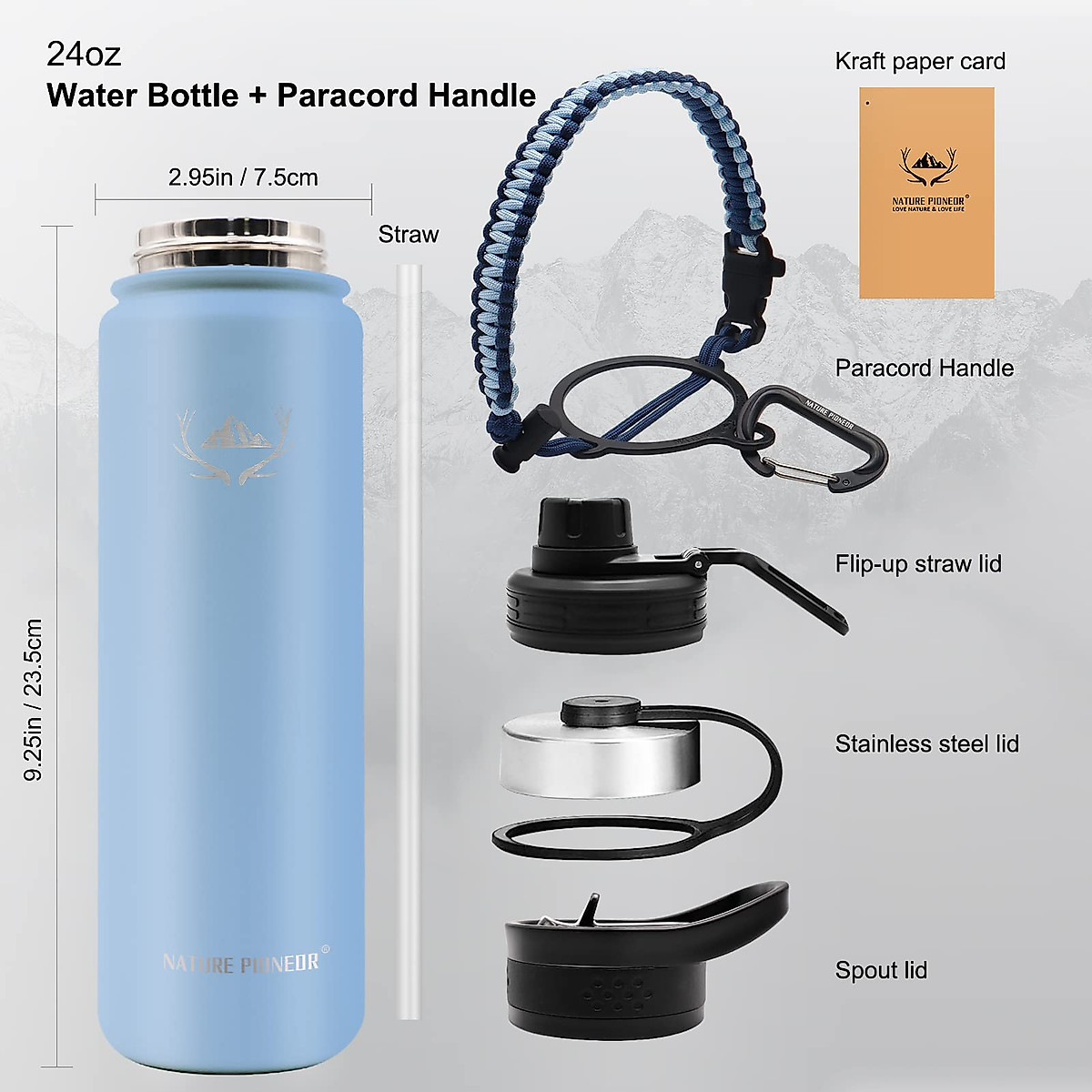 NATURE PIONEOR Insulated Water Bottles with Paracord Handle - 24 oz Vacuum Sports Wide Mouth Water Bottle with 3 Lids, Leak Proof Stainless Steel Keeps Hot and Cold