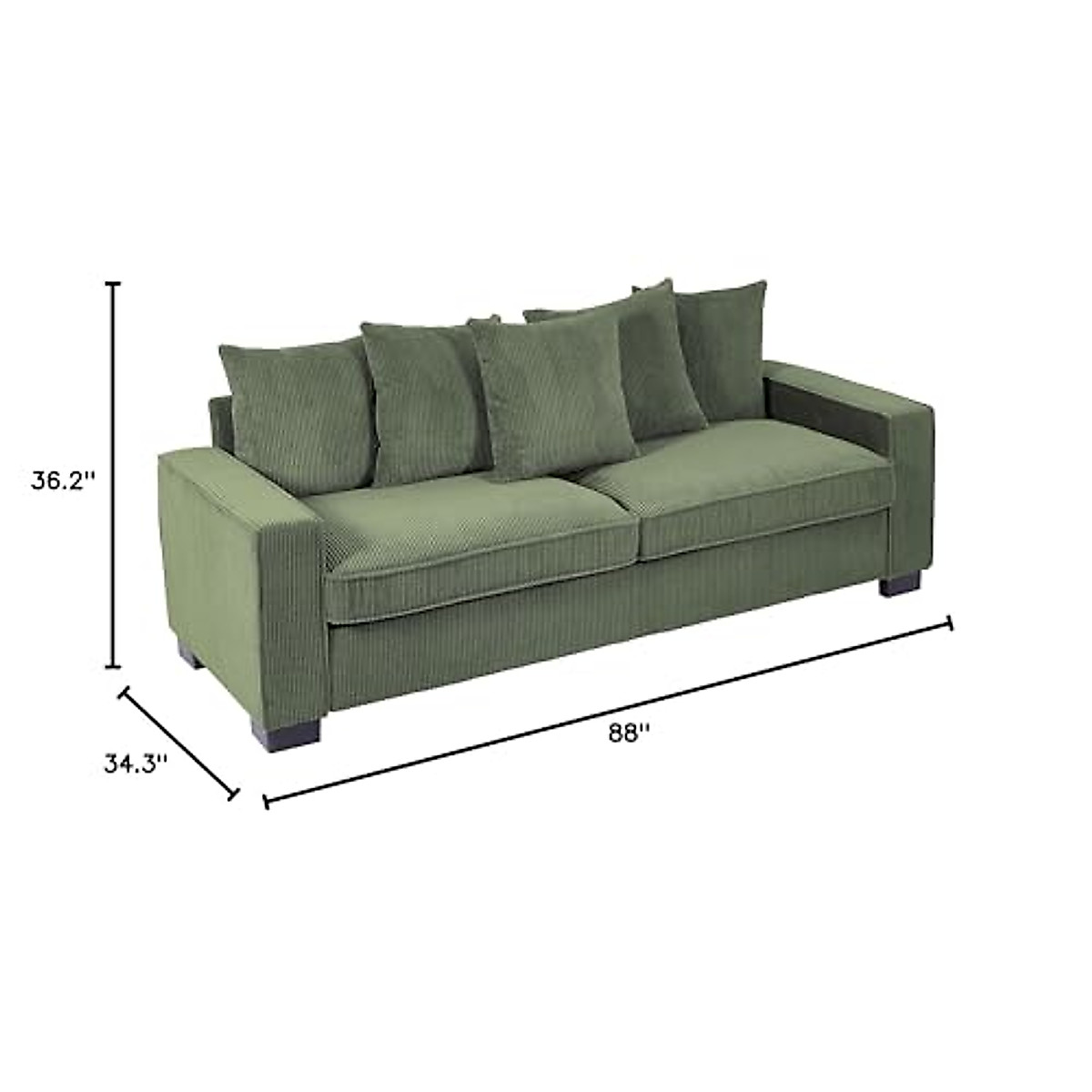 US Pride Furniture Luxe Living Room Sofa with 5 Complementary Toss Pillows, Soft Corduroy Upholstery, Streamlined Design, Ample and Cozy 3 Seater Couch for Modern Spaces, 88" Wide, Dark Green