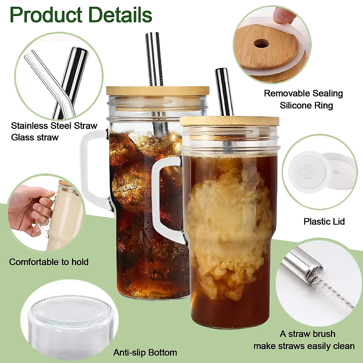 GAGAMOTEYA Clear Glass Tumbler with Straws and Lids,4 Pack 24oz Drinking Mason Jar Cups with Handle,Bamboo Lids and Stainless Steel Glass Straw,Silicone Cup Cover,for Iced Coffee,Smoothies,Beer,Juice