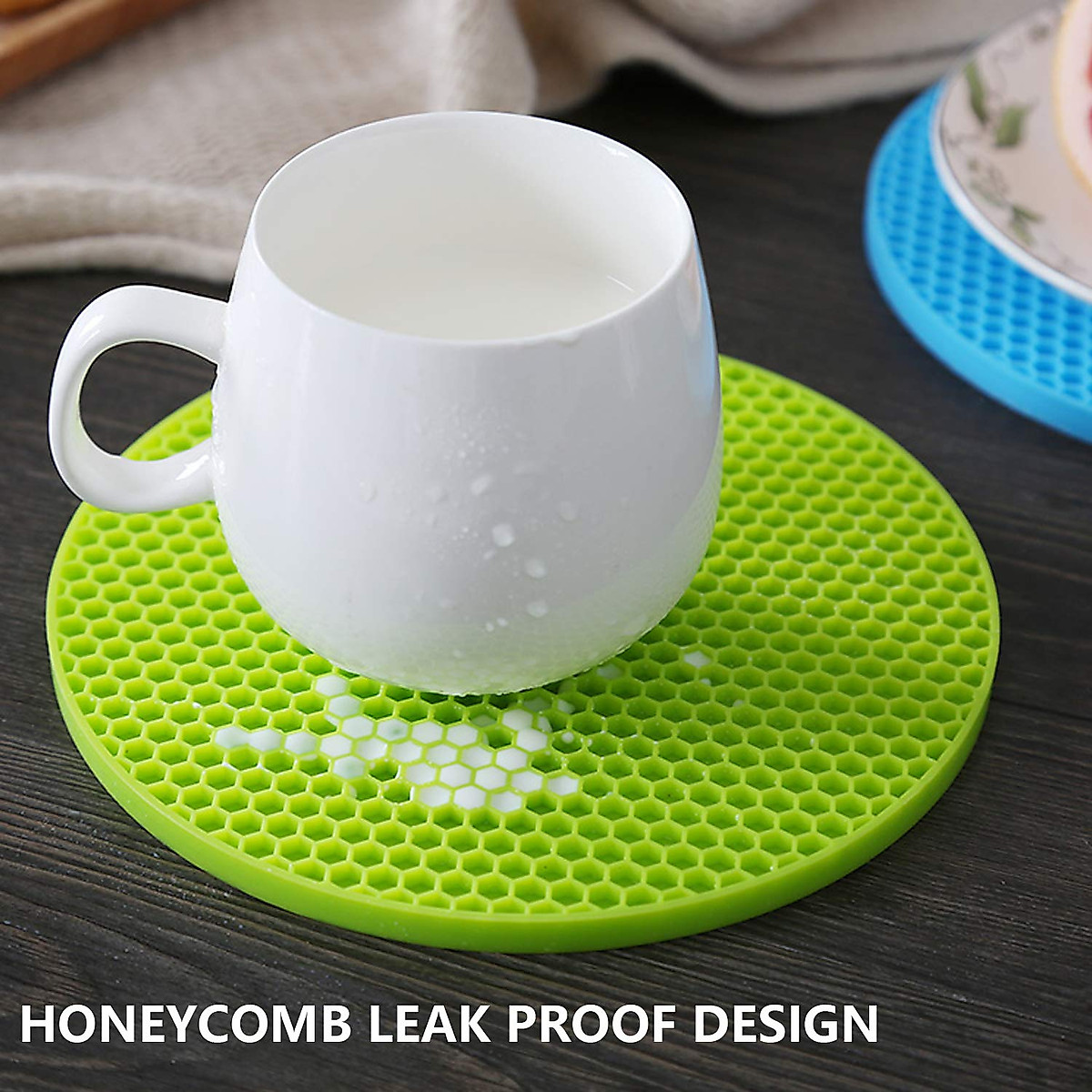 6 Pack Silicone Trivets Pot Mat Round,Pan Pot Holders Set Heat Resistant-Resistant (440ºF) & Eco-Friendly,Insulation,Non Slip Silicon Hot DishTrivet for Kitchen DiningTable Countertop,with 8 hooks