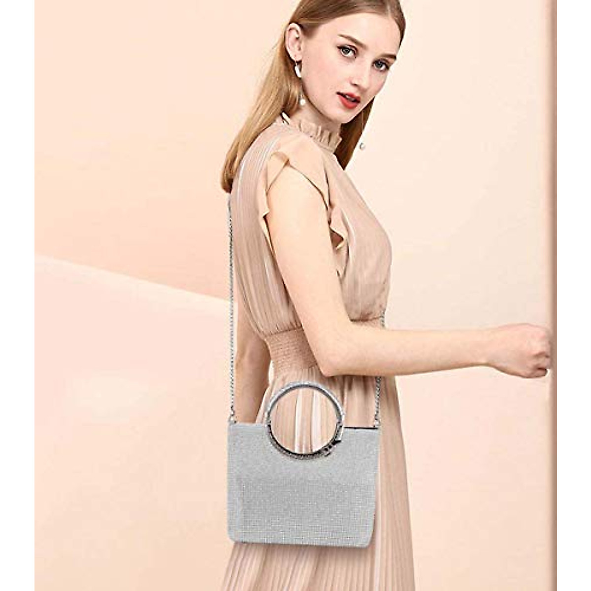 UBORSE Rhinestones Crystal Clutch Evening Bags for Women Ring Handle Wedding Party Clutch Purses Cocktail Prom Handbags Silver