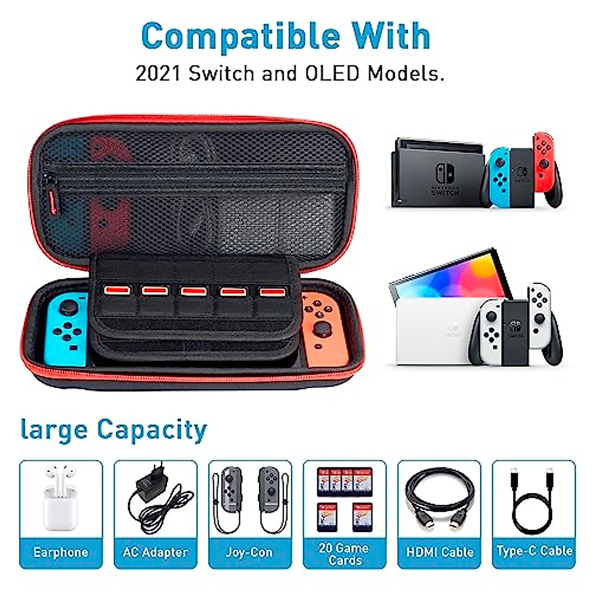 Caikvwen Switch Case, Compatible With Nintendo Switch Oled Case, Classic Switch Oled Carrying Case, Portable Switch Oled Carrying Case for Nintendo, Multi Card Slot High Capacity Switch Traveling Case