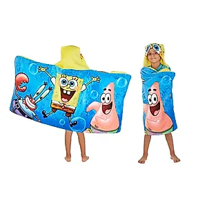 Franco Spongebob Squarepants Kids Bath/Pool/Beach Soft Cotton Terry Hooded Towel Wrap and loofah Set, 24 in x 50 in (Official Nickelodeon Product)