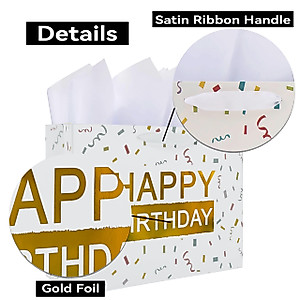 13" Large White Gift Bag Set with Greeting Card and Tissue Papers (Gold Foil ’Happy Birthday') for Women's, Men's, Girls, Boys or Kids, Baby Shower