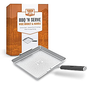 Yukon Glory BBQ 'N Serve™ Wide BBQ Grill Basket The Grilling Basket Includes a Clip-On Handle - Perfect Grill Baskets for Outdoor Grill Vegetables or Fish Basket & Meat