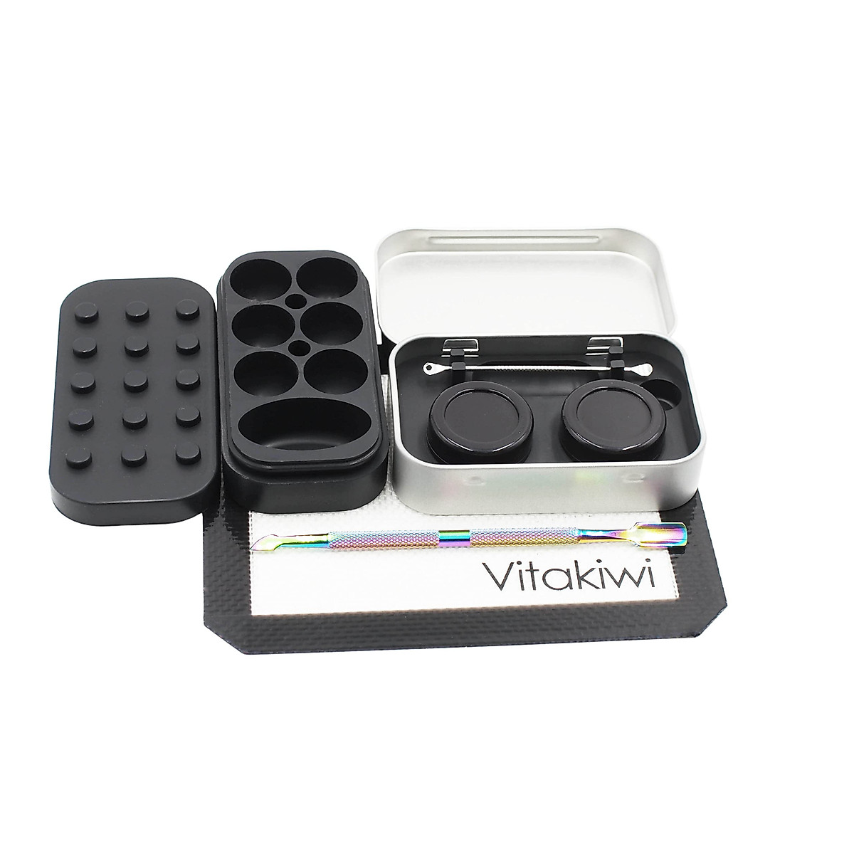 vitakiwi Silicone 5ml 34ml Multi Compartment Concentrate Containers Non-stick Jars + 4.8" Gold Carving Tool + 5.9"×4.9" Mat (Black)