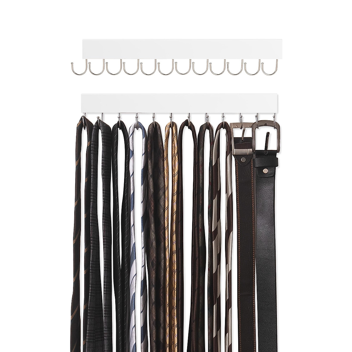 StorageWorks Belt Organizers for Wall, Wooden Belt Holder, Belt Storage with 12 Hooks, Tie Rack Wall Mounted, Belt and Tie Organizer for Closet, White, 2 Pack