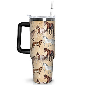 qoepfnsh 30 oz Horse Tumbler with Handle and Straw, Brown White Horse Stainless Steel Vacuum Insulated Travel Coffee Mug Cup Water Bottle, Horse Stuff Accessories Decor, Horse Gifts for Women Girls