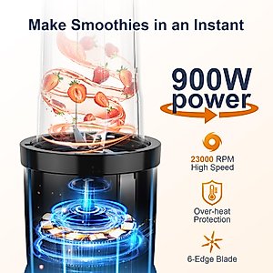 KOIOS 900W Smoothie Blender, Personal Blender for Shakes and Smoothies with 2 BPA-Free 22 oz Portable Blender Bottles and To-Go Lids, Single Serve Mixer Blender for Juices Baby Food, Nutritious Recipe