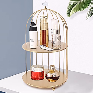 Gdrasuya10 Metal Makeup Organizer Birdcage Cosmetic Storage Rack Makeup Shelf 2 Tier Bird Cage Perfume Dessert Cupcake Rack Bathroom Storage Rack Golden
