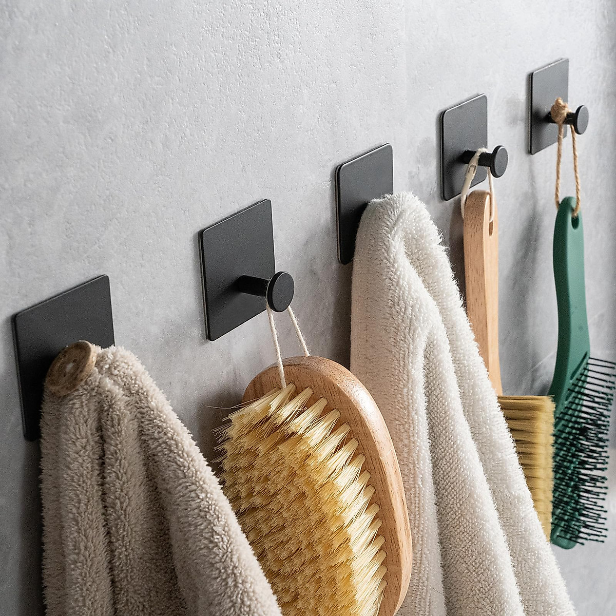 CasaZentro Adhesive Hooks - 5 Pack Towel Hooks for Bathroom, Matte Black Shower Hooks for Hanging Robes Coat, Wall Hooks Stick on Kitchen, Stainless Steel