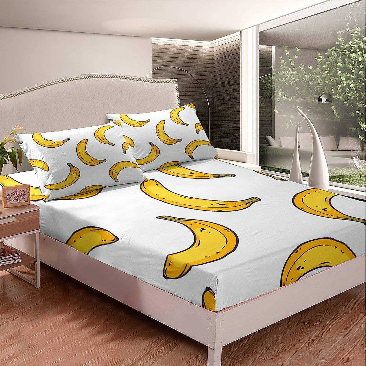 Erosebridal Banana Fitted Sheet, Kids Girls Fruit Food Theme Bedding Set, Cartoon Banana Bed Sheet Twin Size for Children Boys Teens, Tropical Botanical Fitted Bed Sheets 2 Pcs with 1 Pillow Case