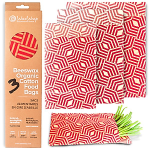 WaxWrap Beeswax Wraps For Food, Organic Cotton Food Bags - Sustainable Plastic Bag Alternative, Reusable Snack Bags, Bees Wax Wraps Reusable Food Storage - Assorted 3 Pack (S, M, L)
