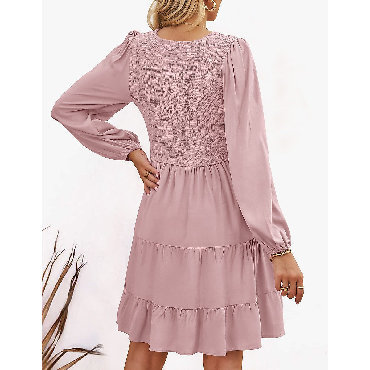 ZESICA Women's Casual V Neck Long Sleeve Smocked High Waist Ruffle A Line Tiered Mini Dress,DarkPink,Medium