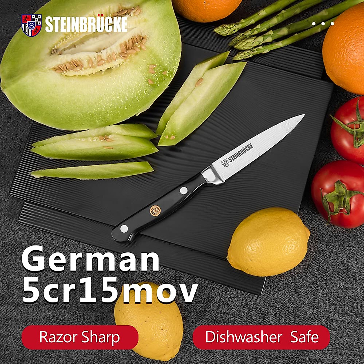 STEINBRÜCKE Paring Knife 4 inch, Small Kitchen Knife Forged from German 5Cr15Mov(HRC58) Stainless Steel, Full Tang Sharp Paring Knife with Ergonomic Handle for Cutting, Peeling and Slicing