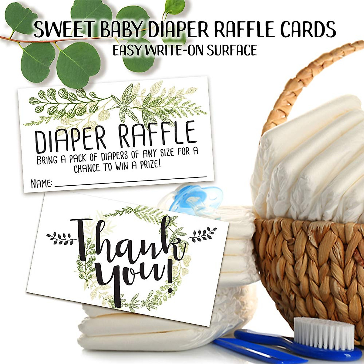 Diaper Raffle Tickets - Botanical - Set of 50 Double-Sided Raffle Cards - Blank Baby Shower Stationery - Fun and Colorful Baby Shower Supplies for Under $15!