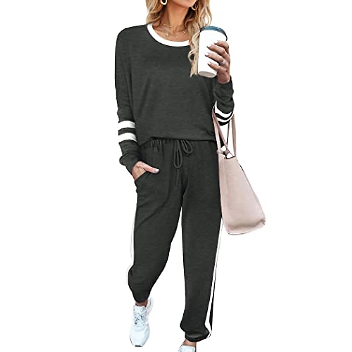 Airplane Outfits for Women 2024 Business Casual Fall Clothes Loungewear for Women Crewneck Sweatshirt and Drawstring Sweatpants Sets M