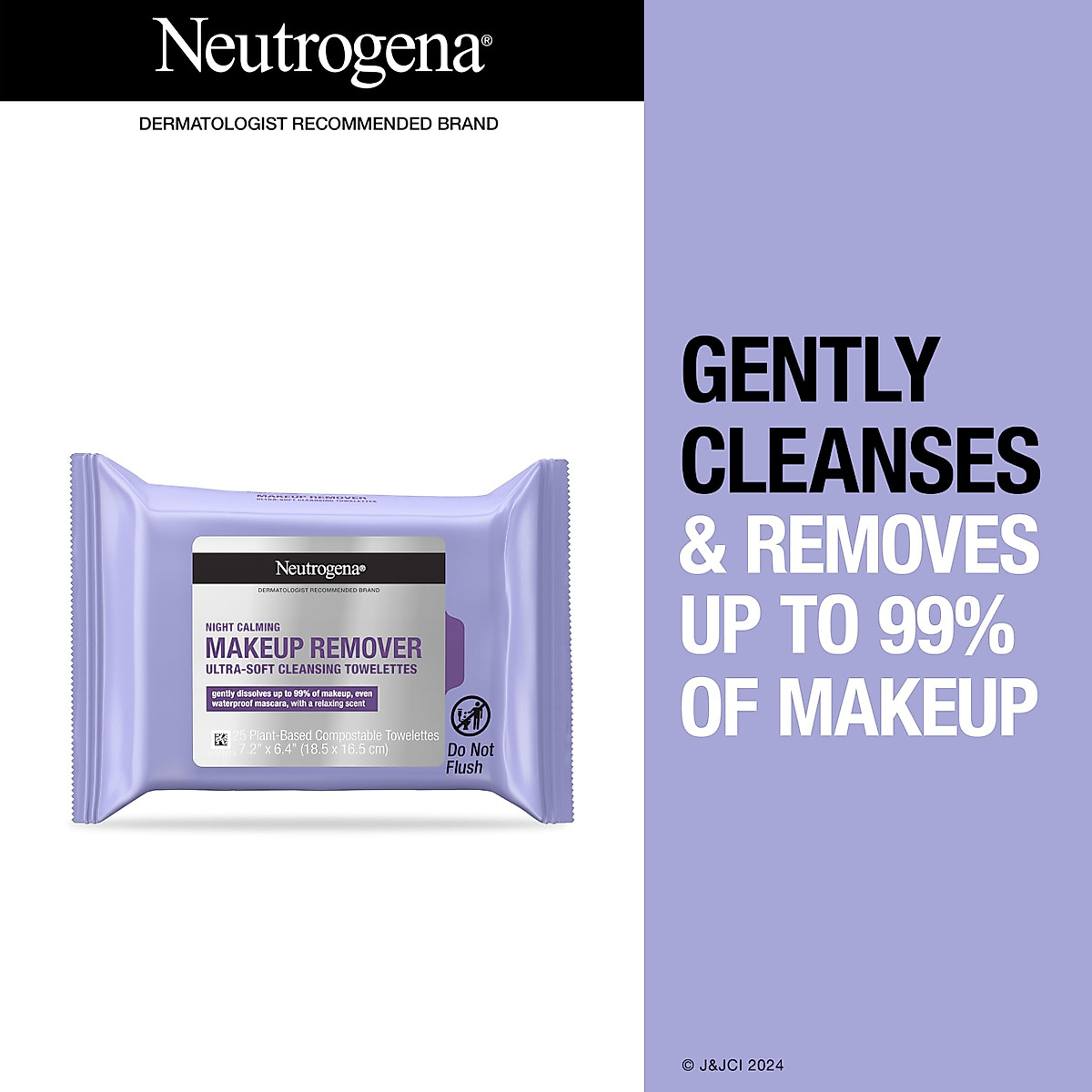 Neutrogena Night Calming Cleansing Makeup Remover Face Wipes, Nighttime Facial Towelettes to Remove Sweat, Dirt & makeup, Leaves Skin Feeling Calm, Alcohol-Free, 100% Plant Based Cloth, 25 ct