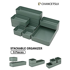 9 Pcs Stackable Drawer Organizer Trays Set, Multifunctional Stackable Storage Trays for Vanity, Bathroom, Kitchen, Desk Drawer Organizer Office. Plastic Drawer Organizers Available In 5 Colours, Green