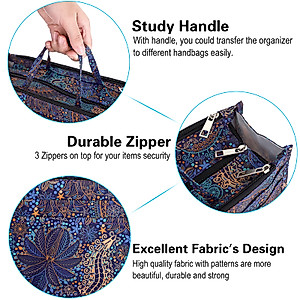 BTSKY Printing Handbag Organizers Inside Purse Insert - High Capacity 13 Pockets Bag Tote Organizer with Handle(Blue Lotus)