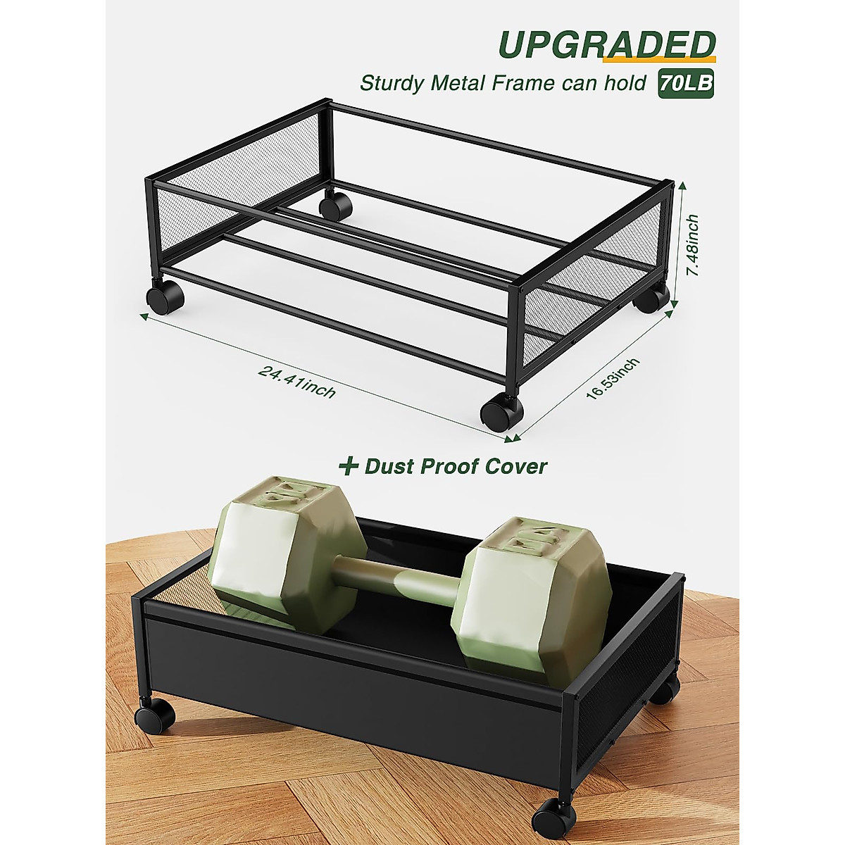 LEHOM Under Bed Storage with Wheels, Plastic Underbed Bins with Sturdy Metal Tubes Rolling Under Bed Drawer Storage Container with Window and Handle for Bedding, Clothes, Blanket, Shoes (2 Pack metal)