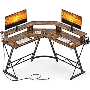 Mr IRONSTONE L Shaped Desk with Power Outlet 50" Computer Desk with Large Monitor Stand, Corner Desk Home Office Workstation Desks, Modern Simple Style Writing Table Desk