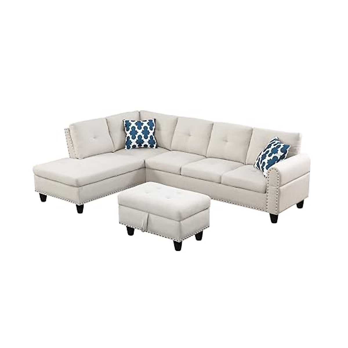 98" W Linen Sectional Sofa Upholstered Modular Couch with Cup Holder, 29" W Ottoman, 3 Combo Piece Living Room Furniture Set for 2 Toss Pillows and Rounded Arm, L-Shaped Button Nailhead Trim, Beige