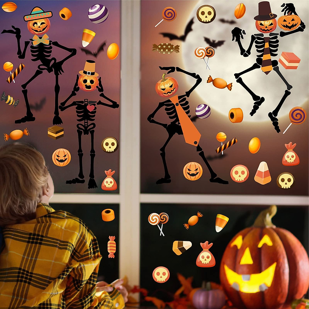 Halloween Skeleton Wall Decal Halloween Wall Stickers Pumpkin Candy Wall Decals Vinyl Halloween Window Clings Peel and Stick for Kids Room Window Halloween Party Decor