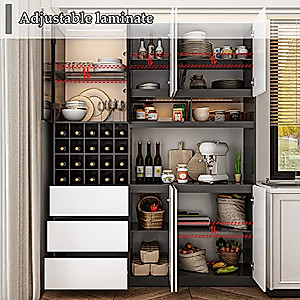 Homsee Modern Tall Kitchen Pantry with Acrylic Glass Doors, LED Light, 3 Drawers, Removable Wine Racks & Adjustable Shelves, Wood Sideboard Buffet Cabinet with Hutch for Living Room, Dark Grey&White
