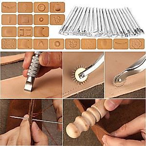 BAGERLA 50 Pieces Leather Working Tools and Supplies with Leather Tool Box Prong Punch Edge Beveler Wax Ropes Needles Perfect for Stitching Punching Cutting Sewing Leather Craft Making