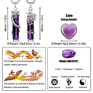 KVREET Amethyst Dragon and Phoenix Couple Matching Yin Yang Necklace Plus Heart Semi-Precious Stone Set Natural Healing Crystal He and Her Pendant Necklace Gift (Amethyst)